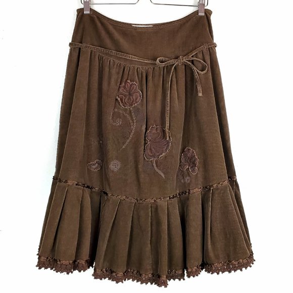 Zara | Skirts | Zara Trf Brown Corduroy Floral Embroidered Lace Trim ...